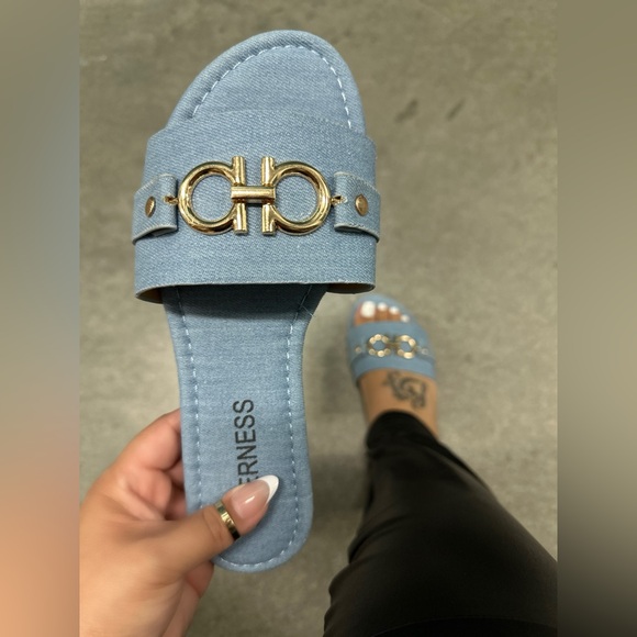 Shoes | Nwt Denim Blue Designer Inspired Sandals With Gold Detail ...